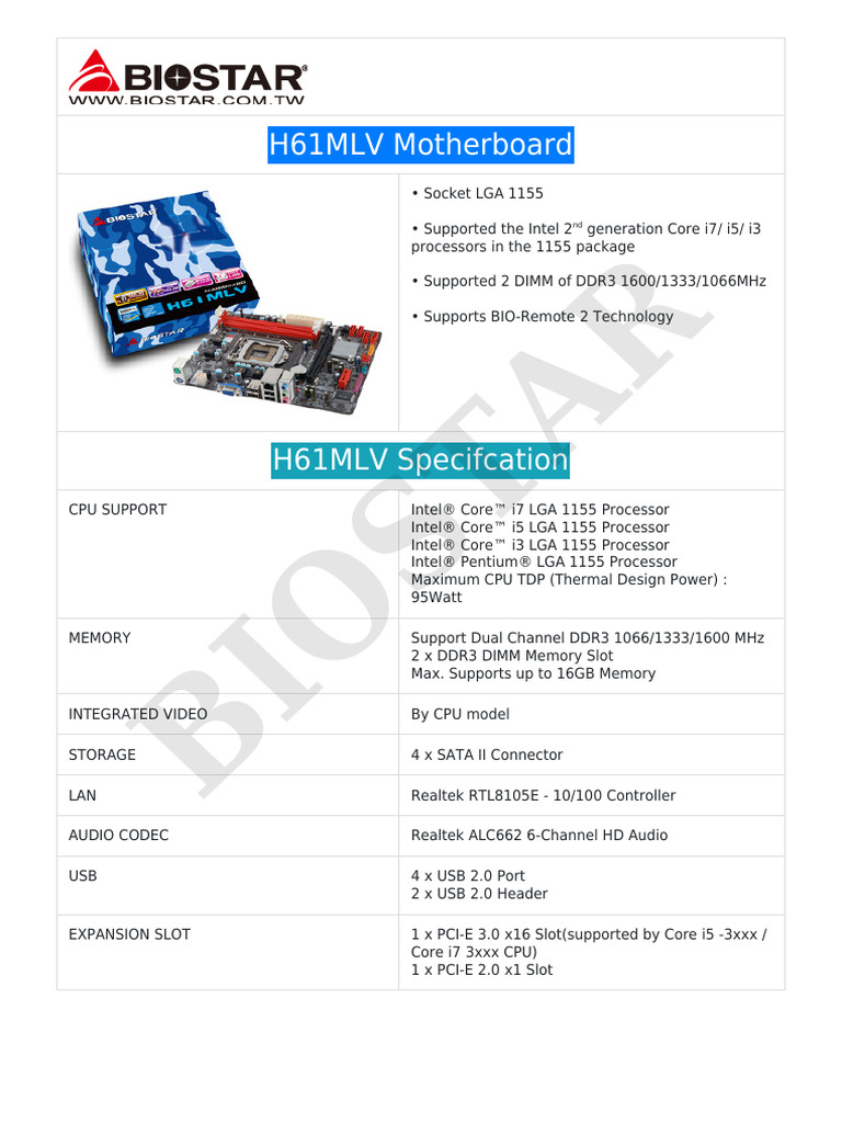 BIOSTAR_H61MLV_SPEC | PDF | Bios | Computer Architecture