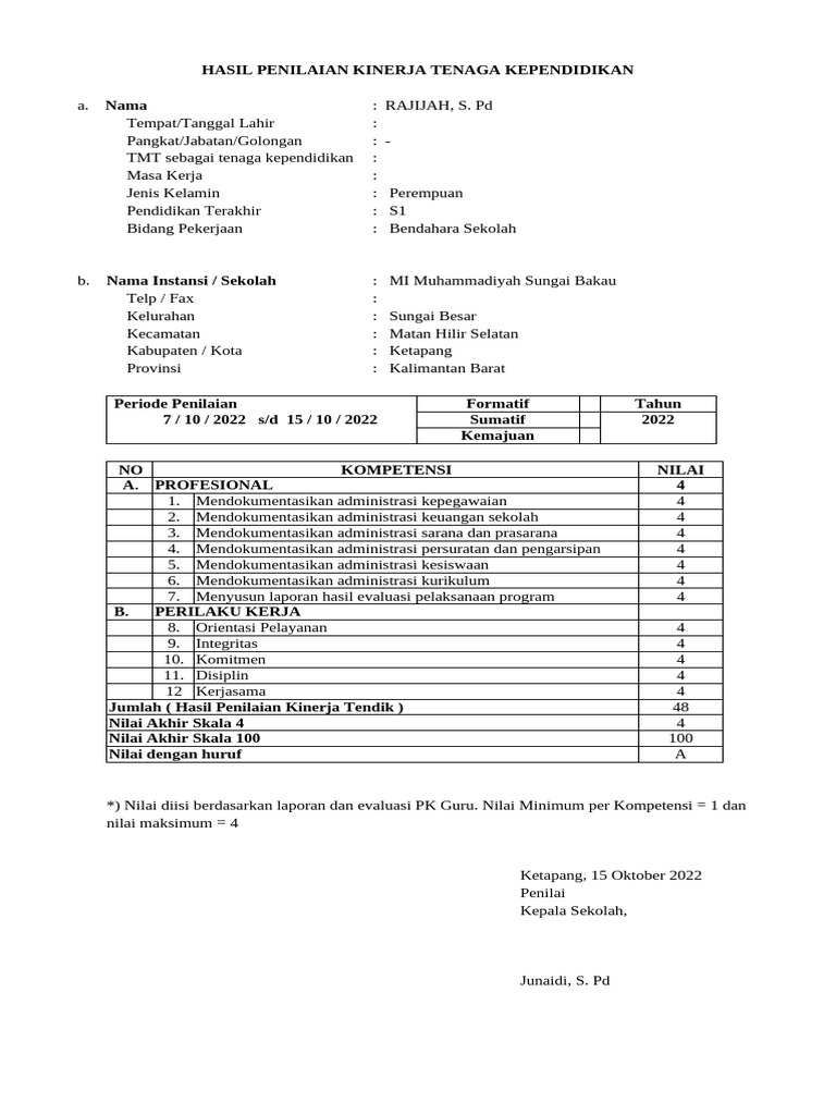 Hasil Penilaian Kinerja Tenaga Kependidikan | PDF