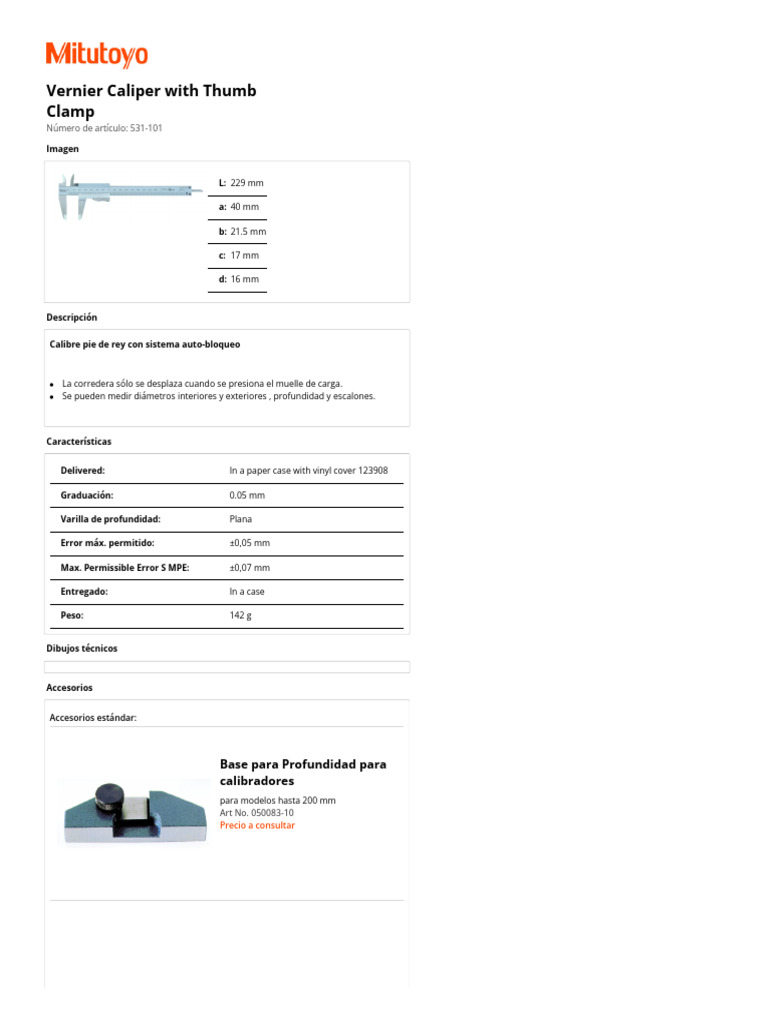 Mitutoyo - Vernier Caliper With Thumb Clamp | PDF