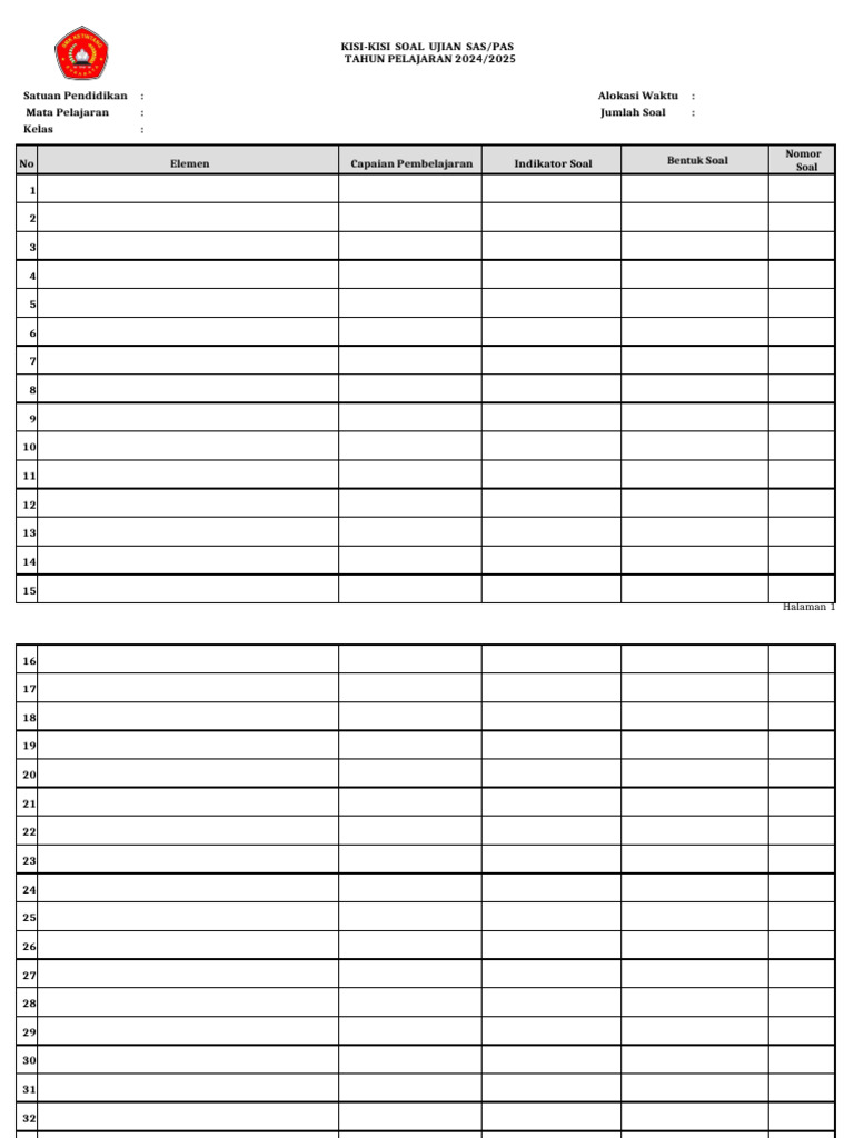 Format Kisi-Kisi Soal Ujian Pas Kurikulum Merdeka TH 2024-2025 | PDF