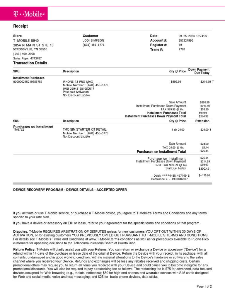 T Mobile Bill Statement PDF | PDF | T Mobile Us | Receipt