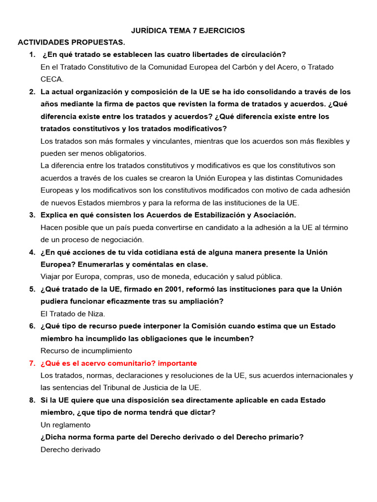 Jurídica Tema 7 Ejercicios (1) | PDF | Unión Europea | Estado miembro de la Unión Europea
