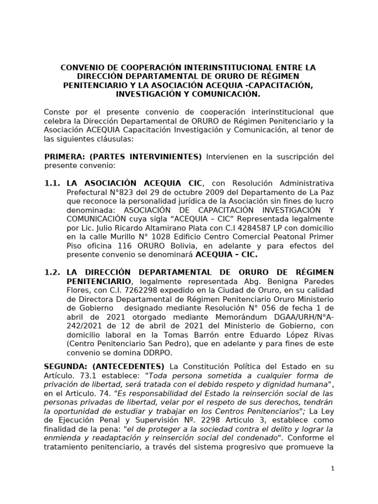 Propuesta de Convenio Asociación Acequia y DDRP Oruro2024 | PDF ...