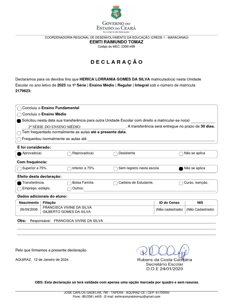 DECLARAÇÃO HERICA LORRANIA GOMES DA SILVA | PDF
