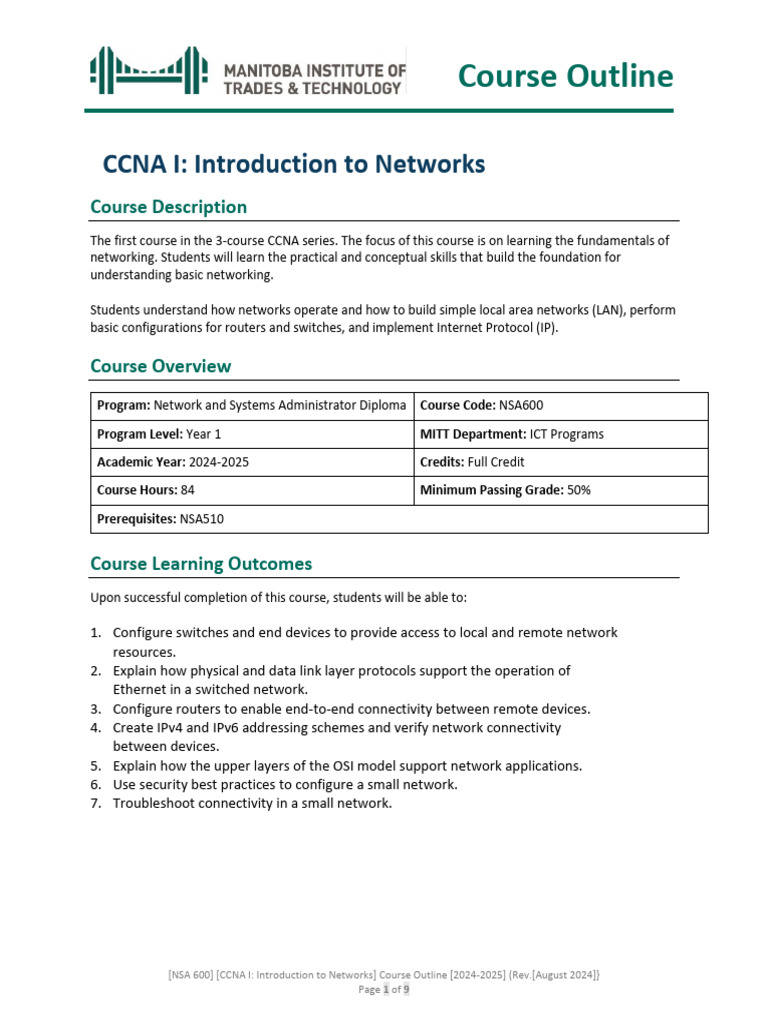 CCNA I: Networks Course Outline 2024 | PDF | Computer Network | Cisco Certifications