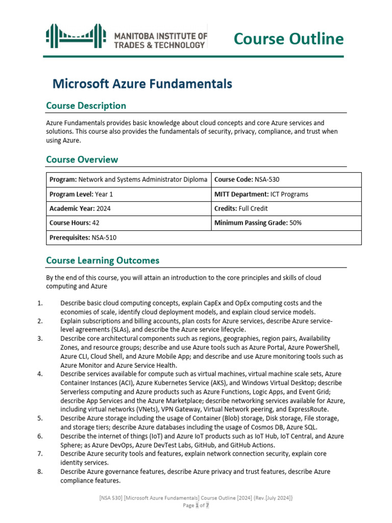 Azure Fundamentals Course Outline 2024 | PDF | Microsoft Azure | Cloud ...