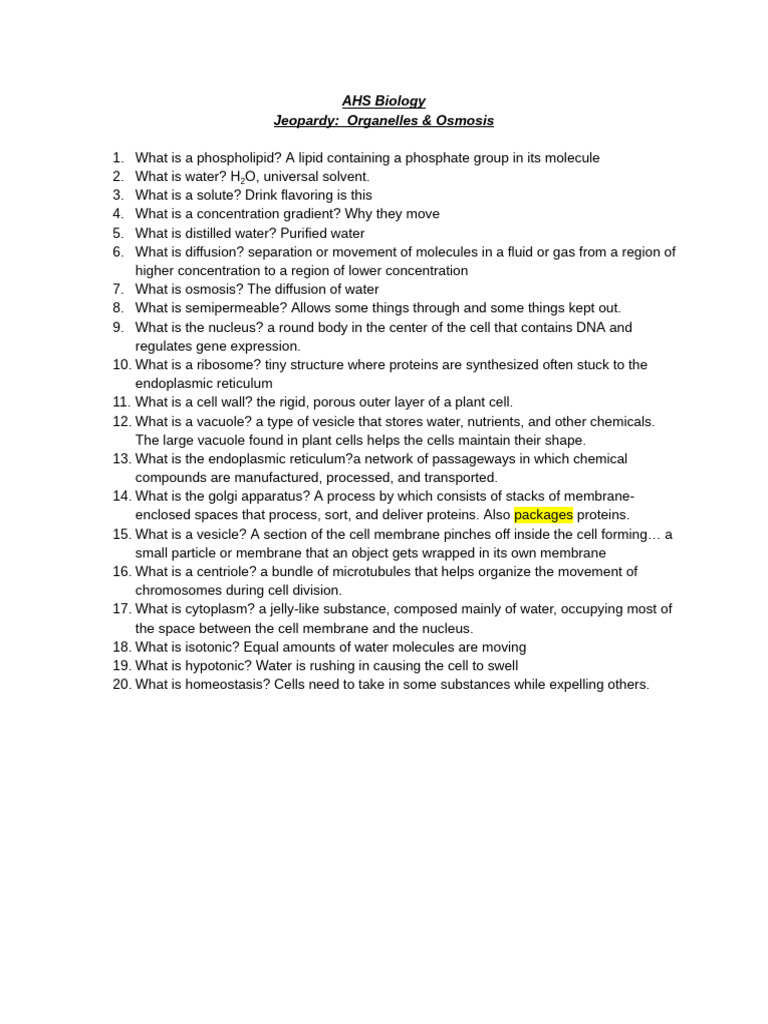 Jeopardy - Organelles & Osmosis | PDF