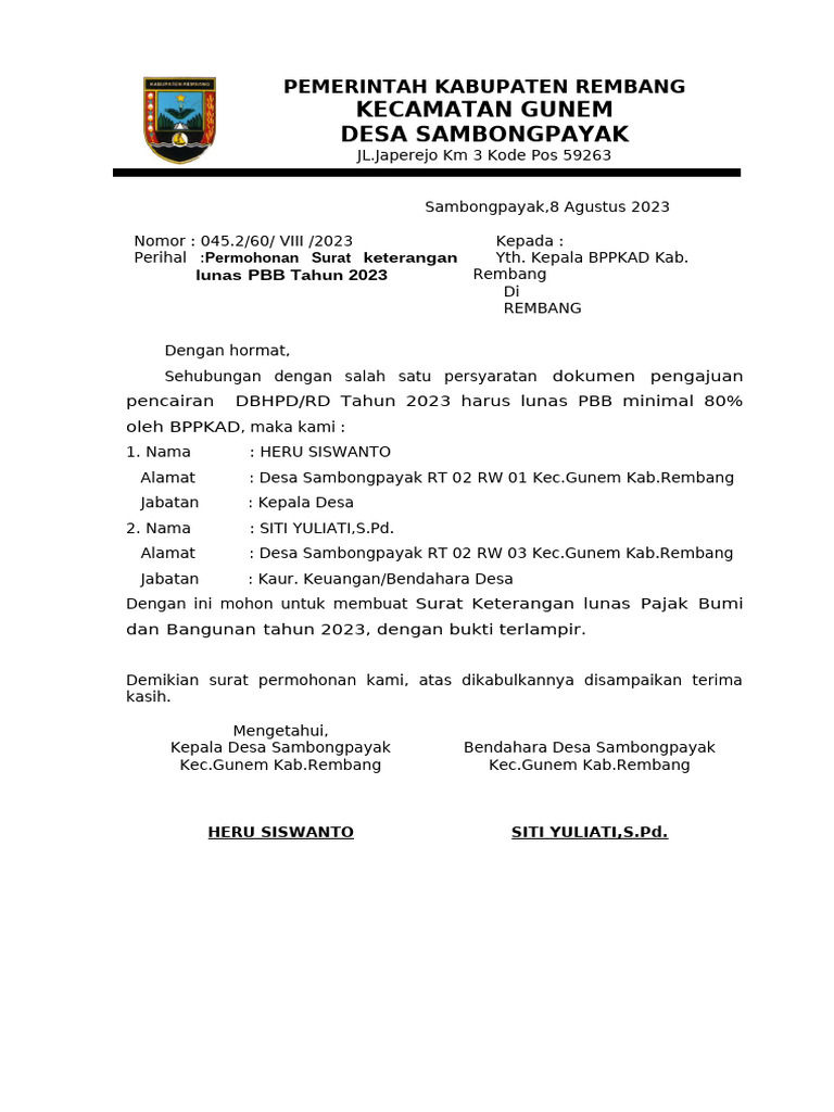 PERMOHONAN SUKET PBB Lunas 100% | PDF