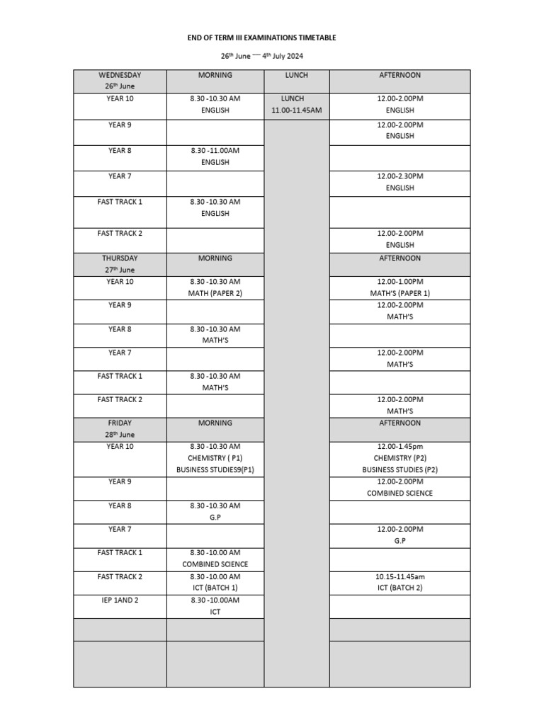 End of Term 3 Exam Timetable 2024 | PDF