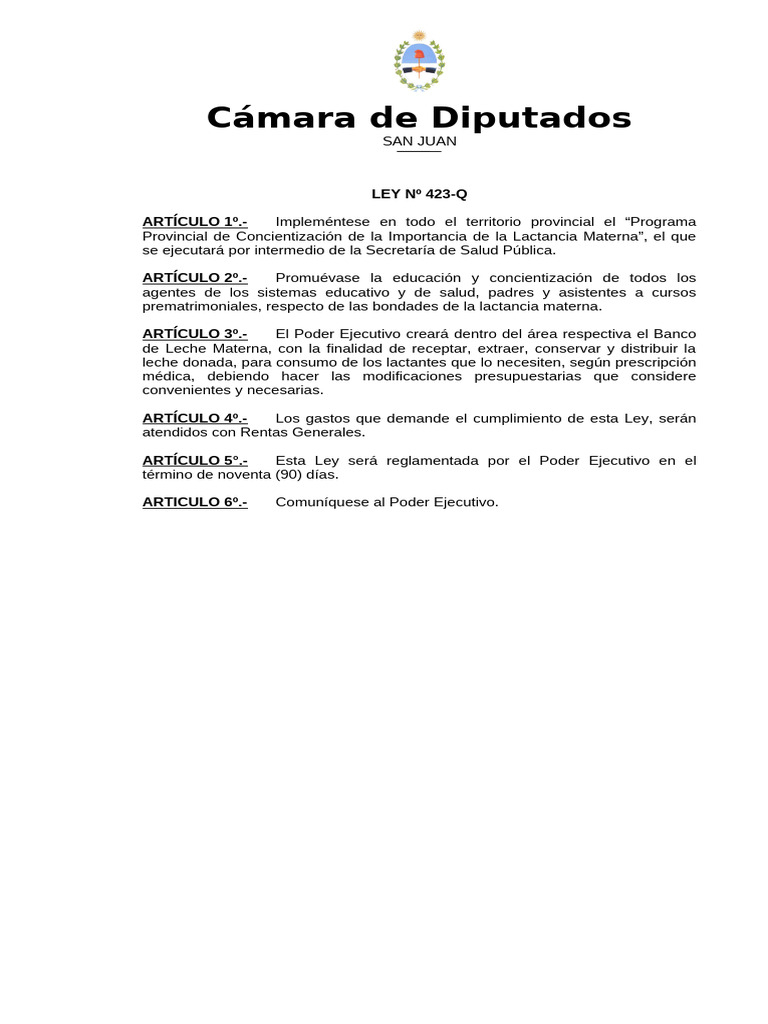 Cámara de Diputados: LEY #423-Q Artículo 1º. | PDF