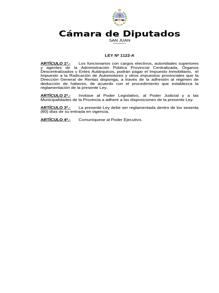 Cámara de Diputados: LEY #1122-A Artículo 1º. | PDF