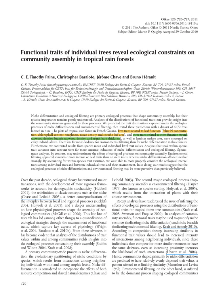 Paine Et Al. 2011. Functional Traits of Individual Trees Reveal ...