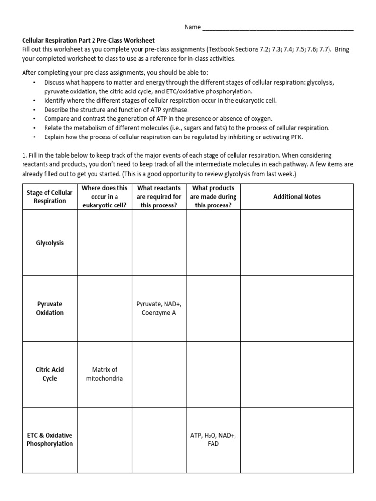 Week 4a Pre-Class Reading Guide - Cellular Respiration Part 2 | PDF ...