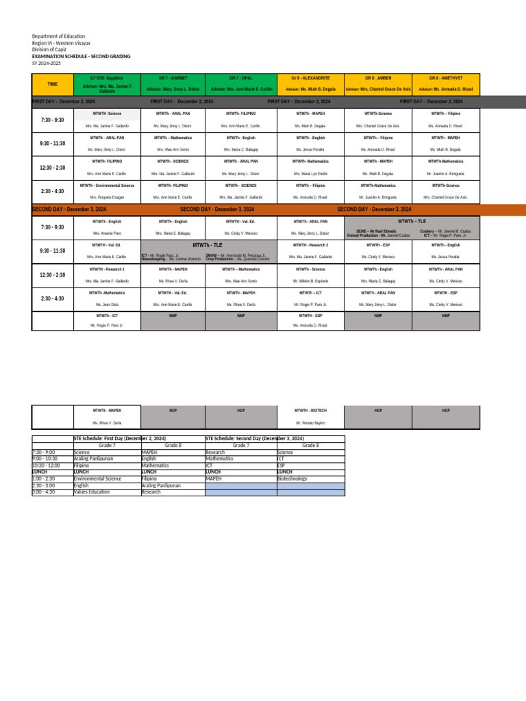 JHS SHS Examination Schedule Second Grading SY 2024 2025 | PDF | Science | Inquiry