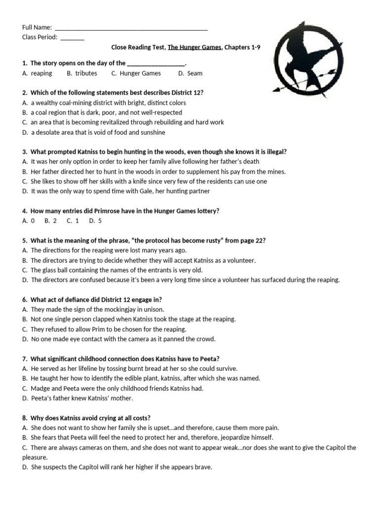 THEHUNGERGAMESCloseReadingTestChapters19 1 | PDF | The Hunger Games