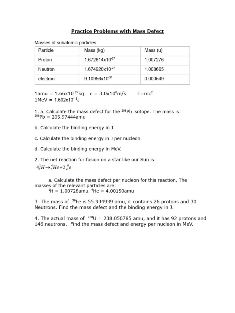 Practice Problems With Mass Defect | PDF