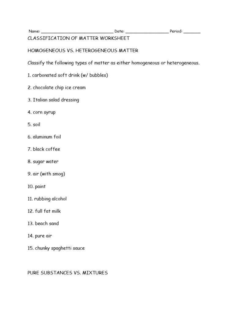 Classification of Matter Worksheet | PDF