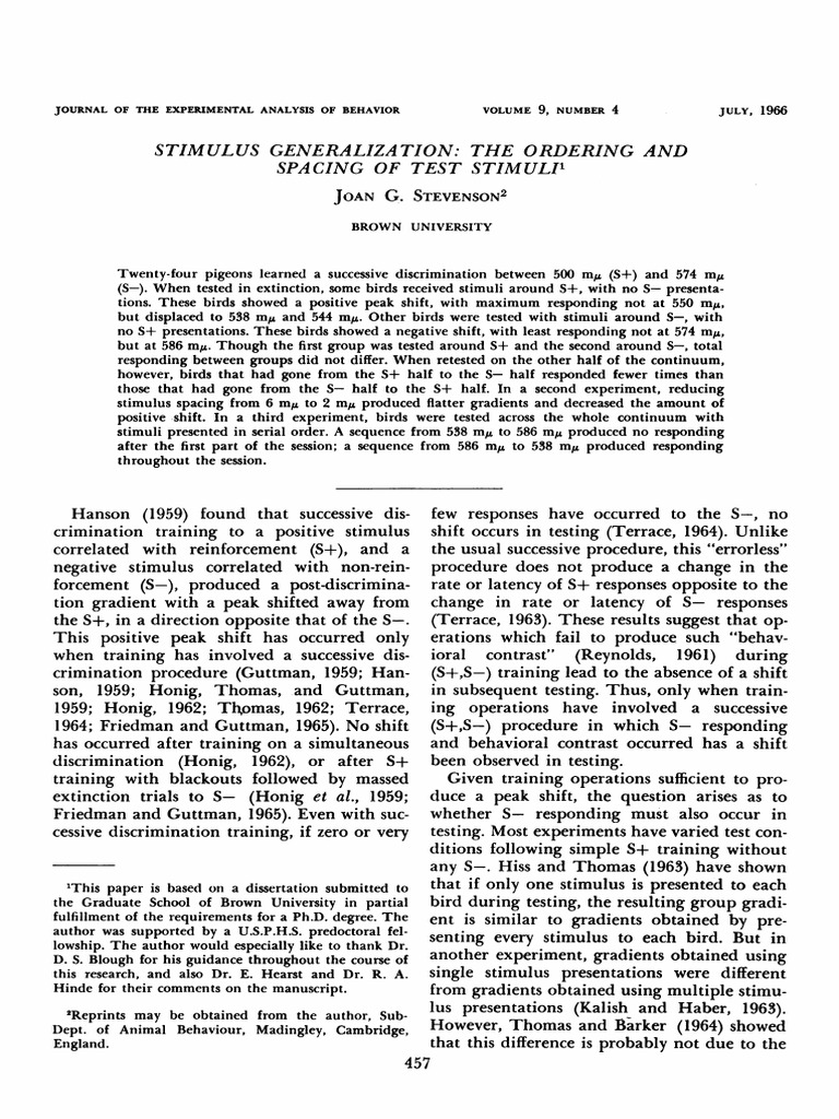 J Exper Analysis Behavior - July 1966 - Stevenson - Stimulus Generalization The Ordering and ...