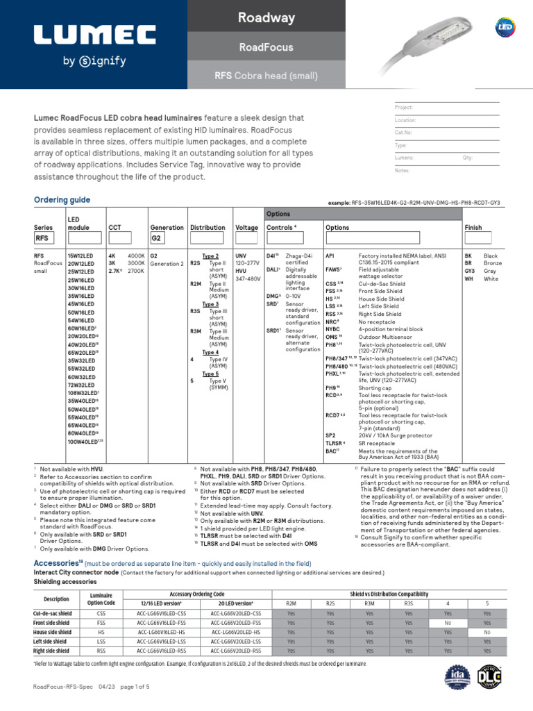 RoadFocus LED Cobra Head - Small RFS Spec Sheet | PDF | Light Emitting Diode | Electrostatic ...