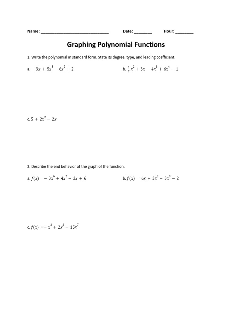 Graphing Polynomial Functions Worksheet | PDF