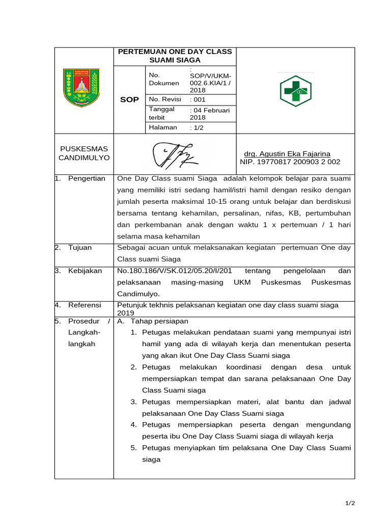 1. Sop Pertemuan One Day Class Suami Siaga | PDF