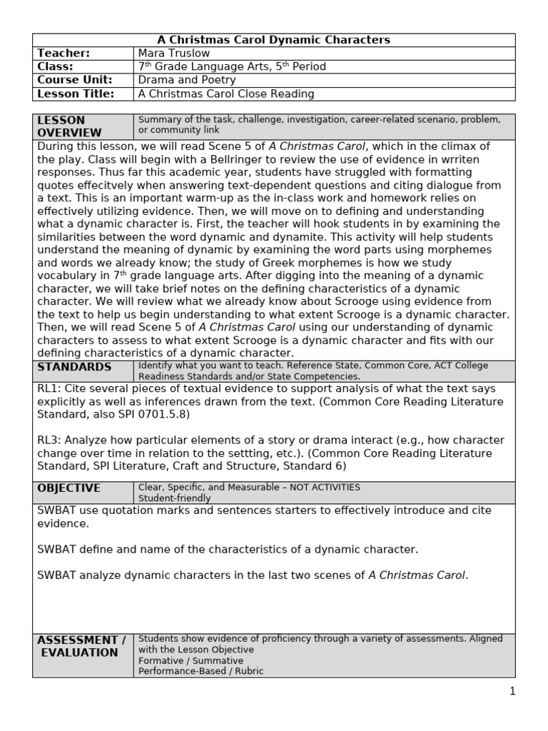 A Christmas Carol Dynamic Characters Lesson Plan | PDF | Educational ...
