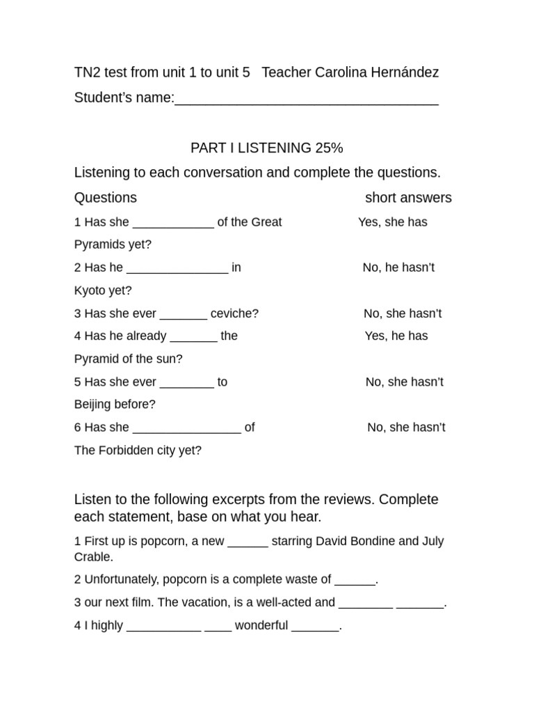 TN2 test from unit 1 to unit 5 | PDF