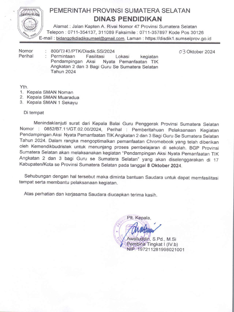 0852 Permintaan Fasilitasi Dan SPT Keg TIK Ang 2-3 8 Okt | PDF