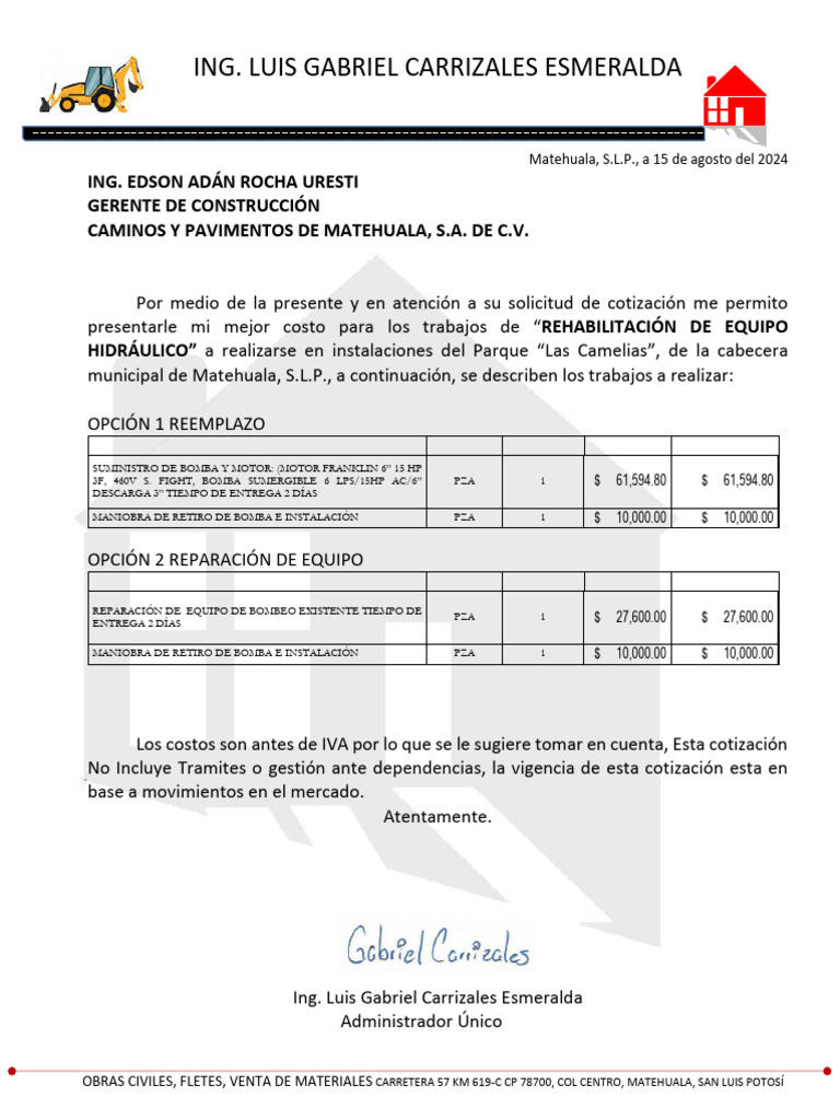 Cotización para Rehabilitación Hidráulica | PDF