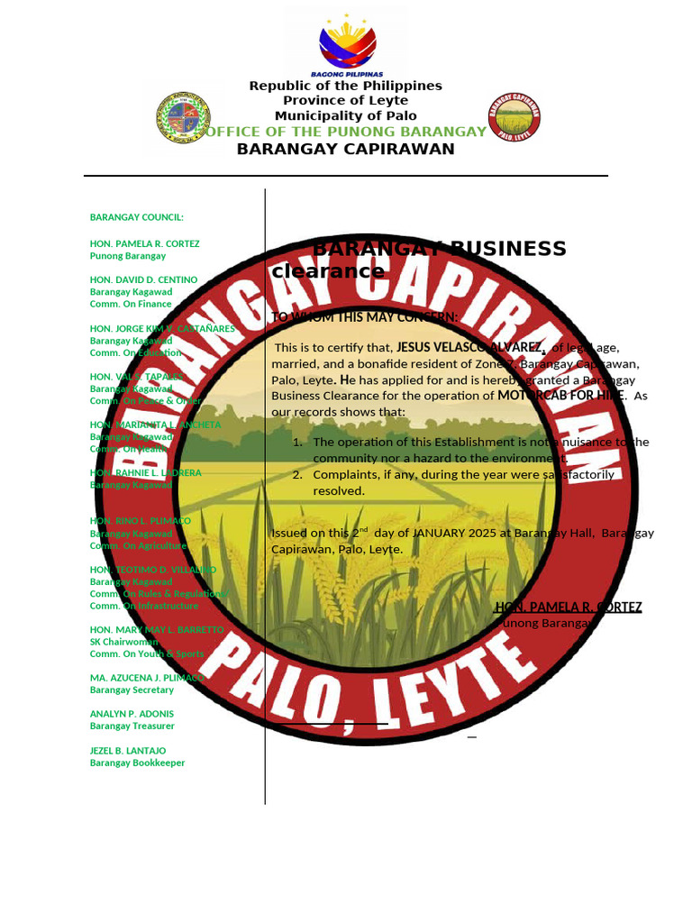 Barangay Business Clearance for Motorcab | PDF