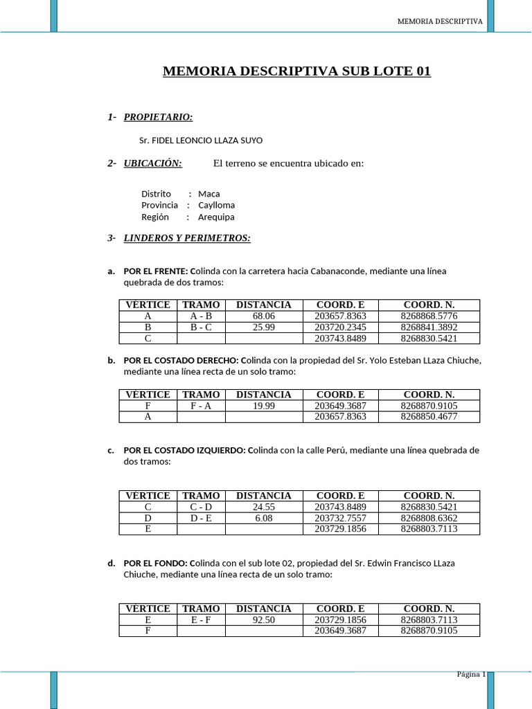 Memoria Descriptiva Sub Lote 01 | PDF