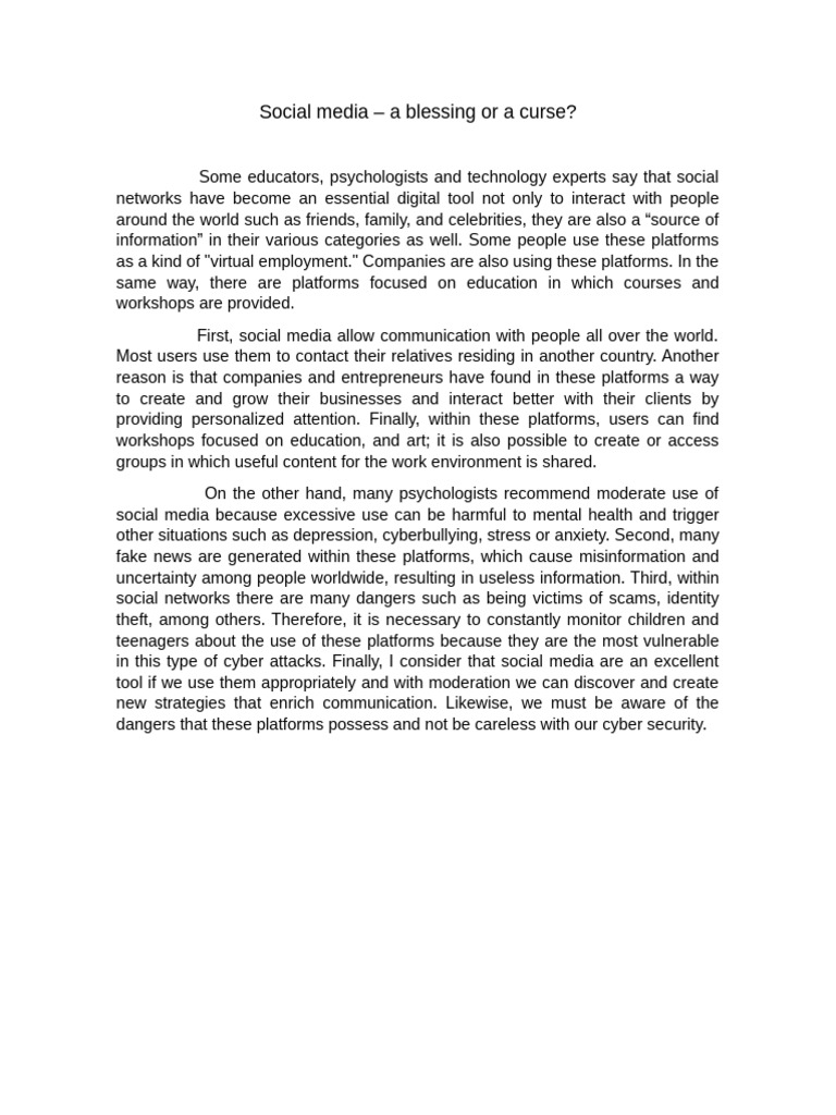 Social Media A Blessing or A Curse Writing Activity 1 Skills 12 | PDF