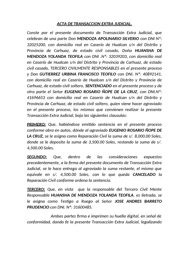 Acta de Transaccion Extra Judicial - Silverio | PDF