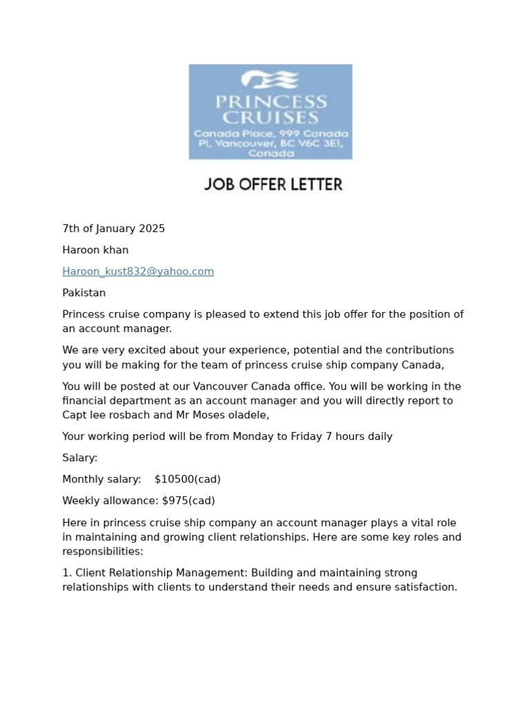 MR Haroon Khan Employment Offer Letter (Princess Cruise Ship Company ...