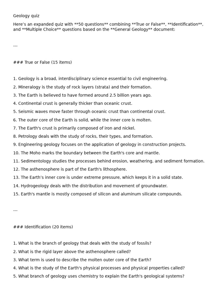 Geology quiz | PDF | Plate Tectonics | Earth Sciences
