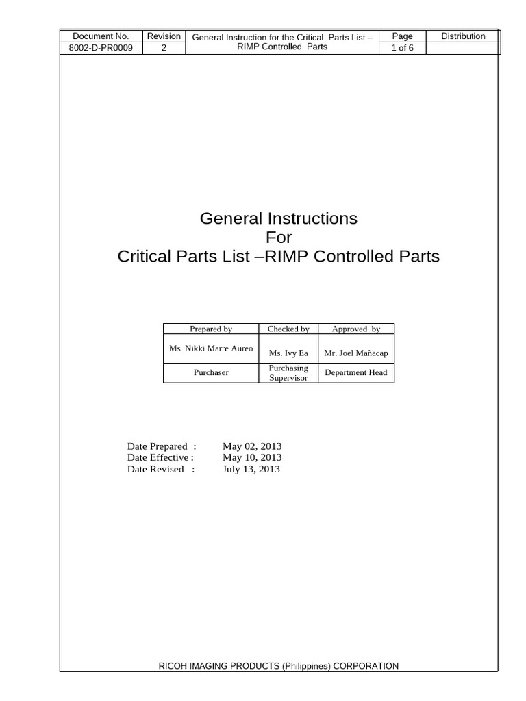 8002-D-PR0009 Critical Parts List | PDF | Business