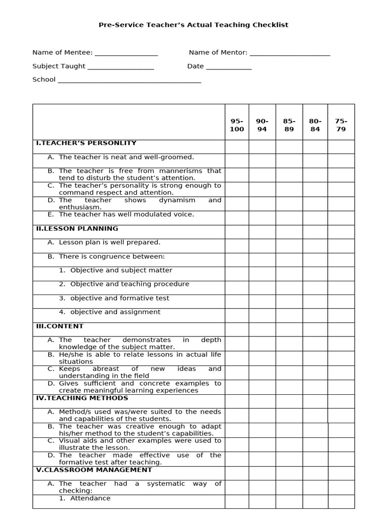 Pre Service Teachers Evaluation Form | PDF | Teachers | Mentorship