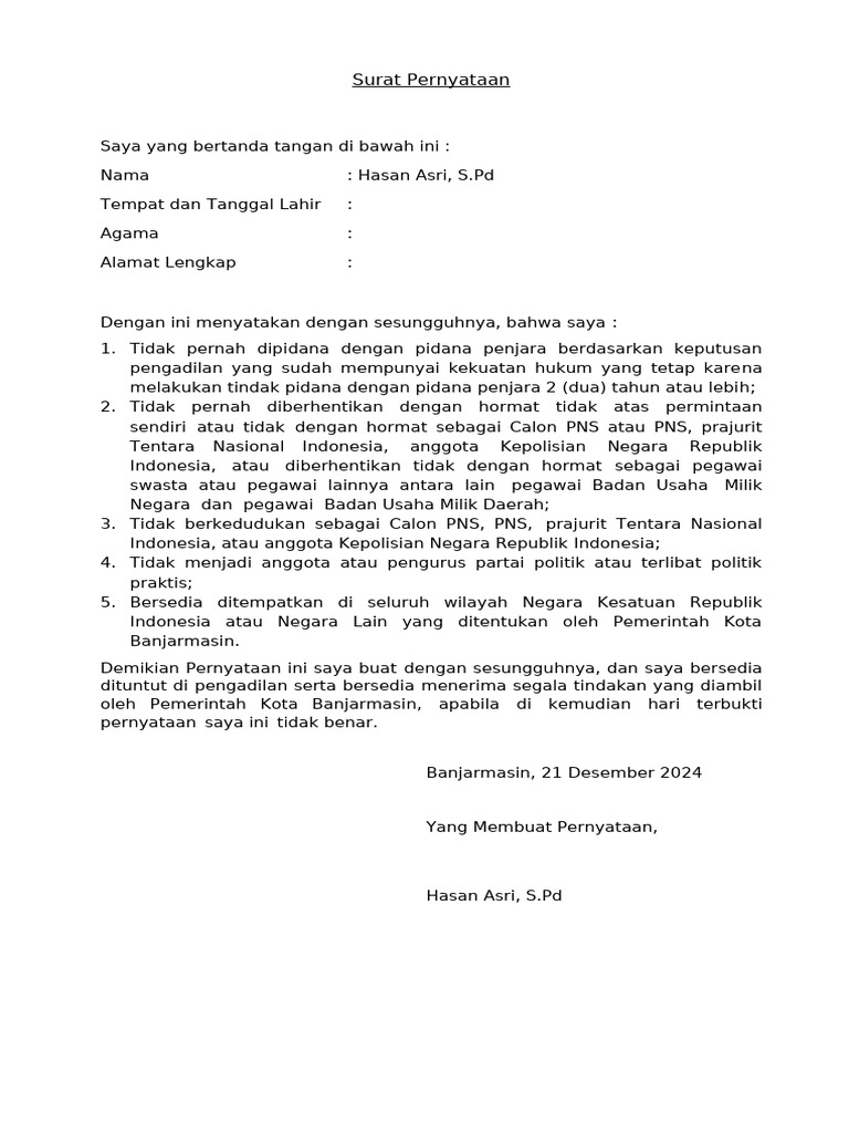Surat Pernyataan Hasan Asri, S.Pd | PDF