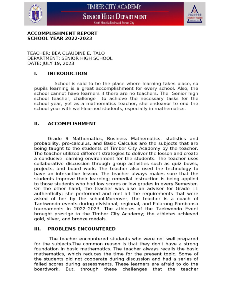 ACCOMPLISHMENT-REPORT | PDF | Teachers | Mathematics
