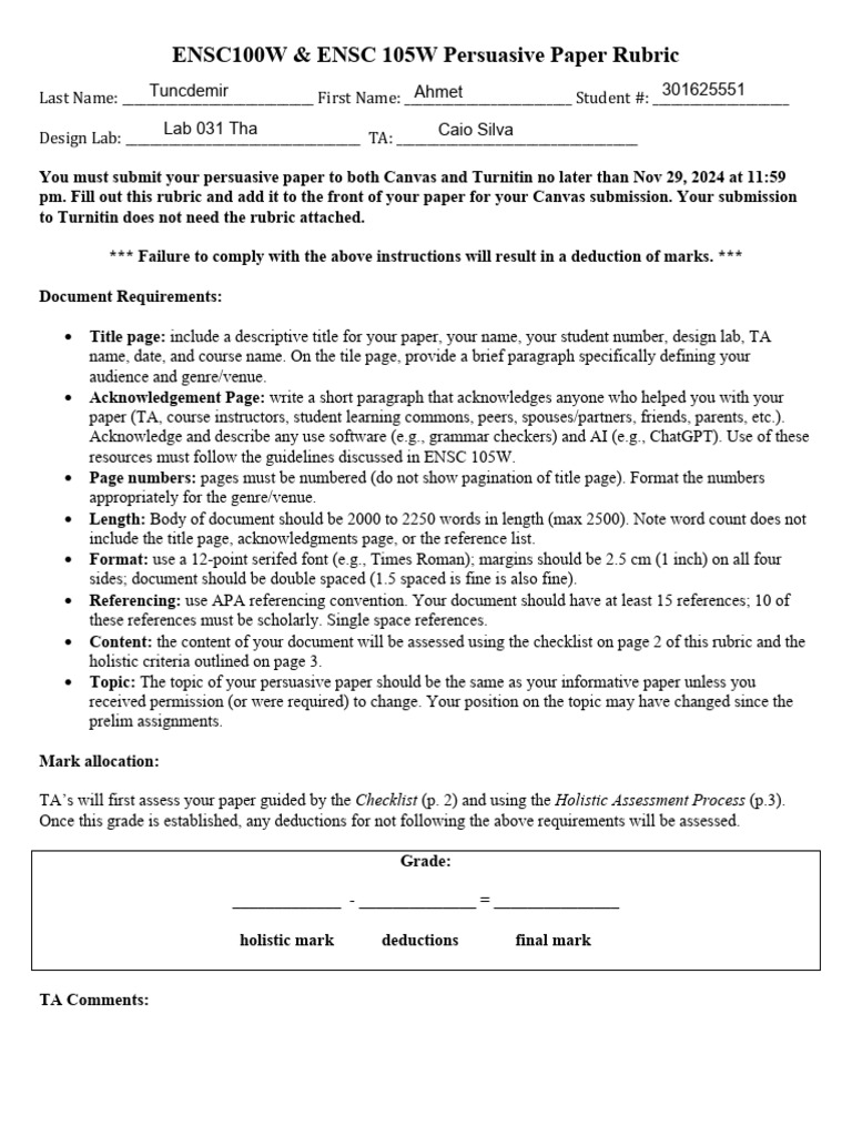 PersuasiveRubric Fall2024 | PDF | Rubric (Academic) | Writing