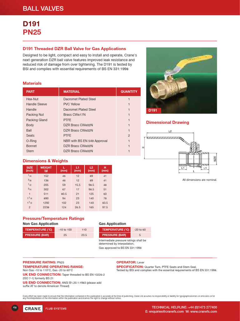 Crane Fluid Systems - D191 Ball Valve - Technical - PDS | PDF | Valve ...