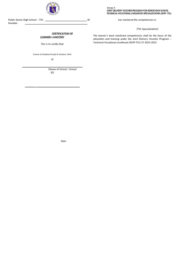 Annex 4 JDVP Certificate of Learners Mastery | PDF