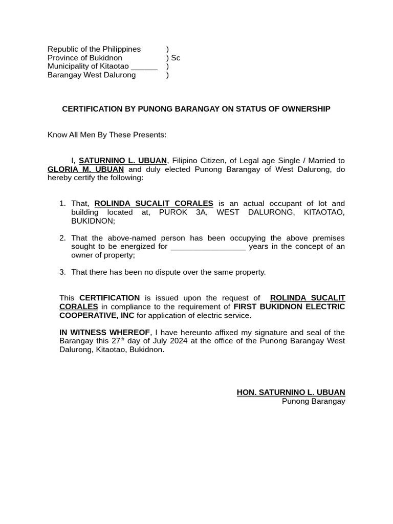 Cerrtification of The Punong Barangay Fibeco | PDF