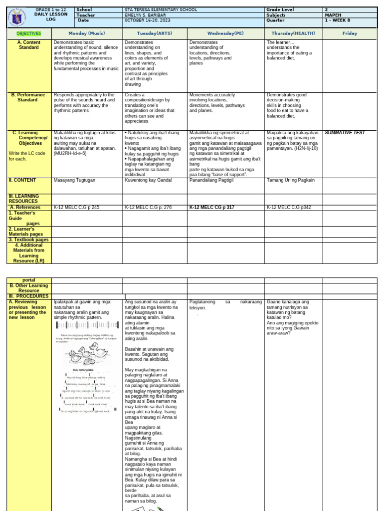 WEEK8 DLL MAPEH | PDF