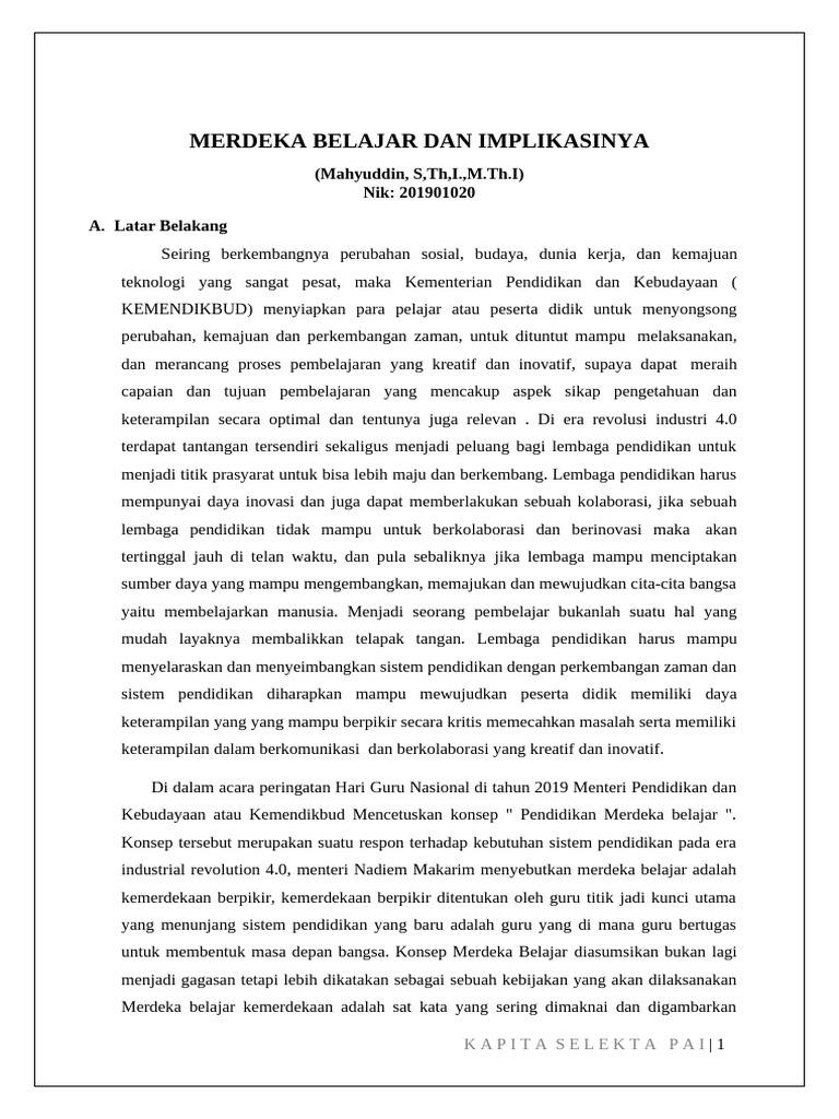Merdeka Belajar: Konsep dan Implikasi | PDF