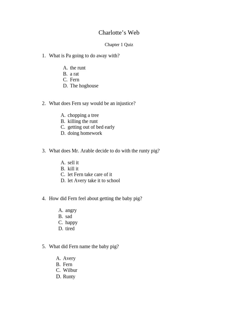 Charlotte's Web: Chapter 1 Quiz | PDF