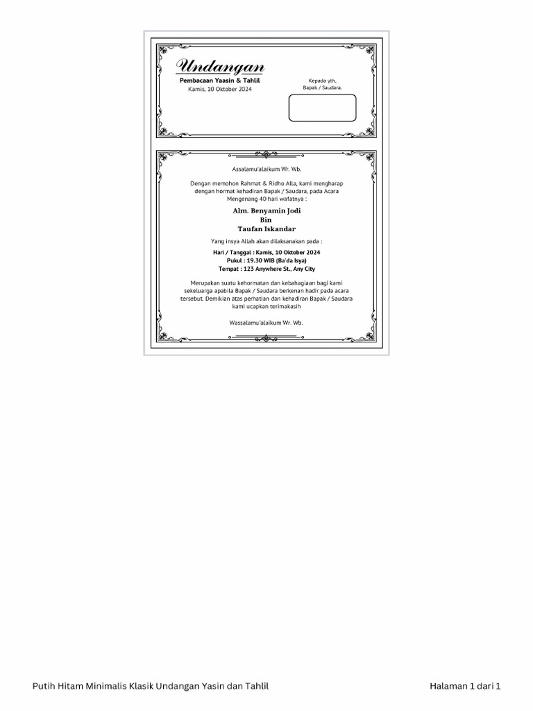 Putih Hitam Minimalis Klasik Undangan Yasin Dan Tahlil - 20250108 ...