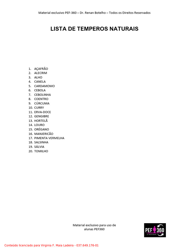 Lista de Temperos Naturais | PDF