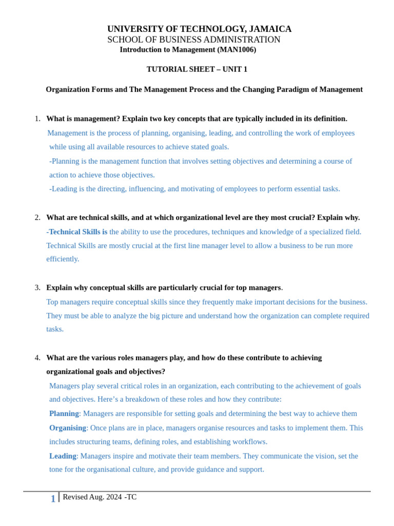 MANAGEMENT TUTORIAL SHEET 1 | PDF | Goal | Regulatory Compliance
