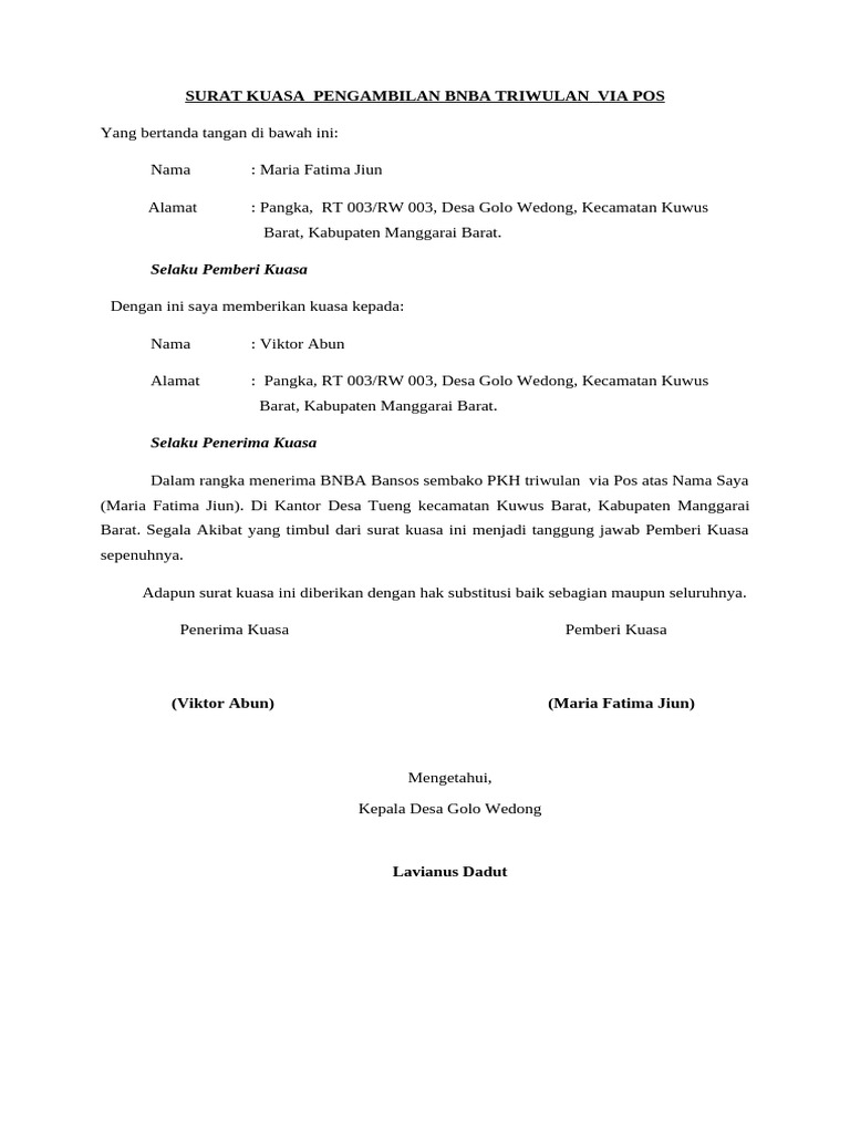 Surat Kuasa Pengambilan Bnba Triwulan Via Pos | PDF